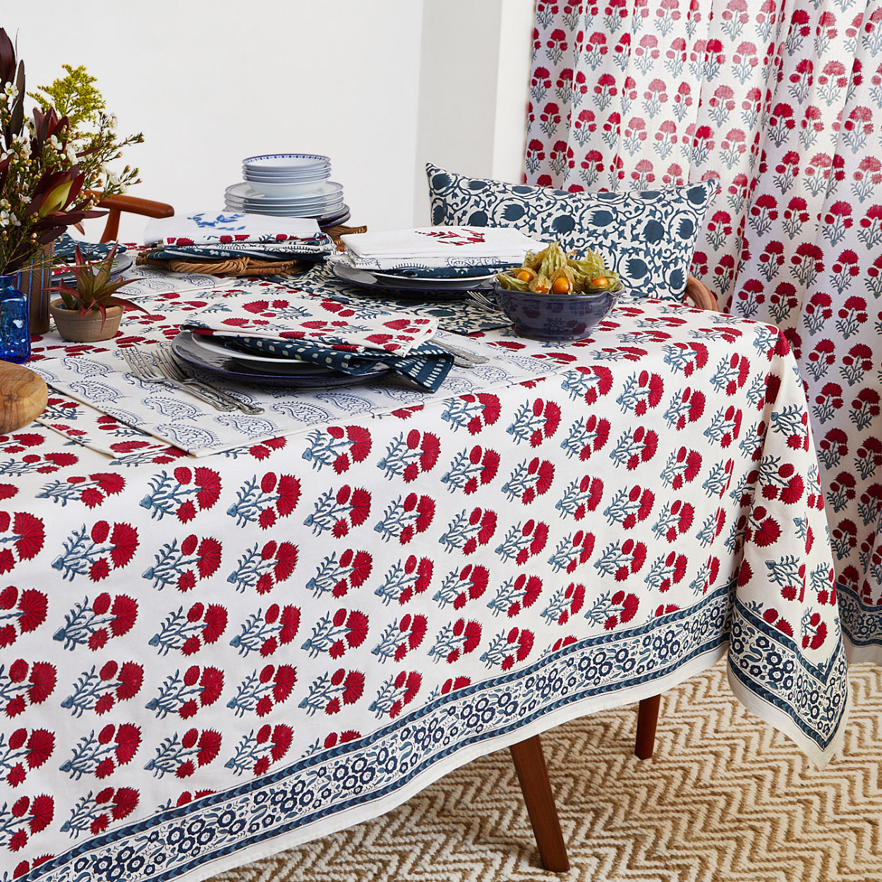 Floral Tablecloth Red Teal Indian Hana Block Print Pattern